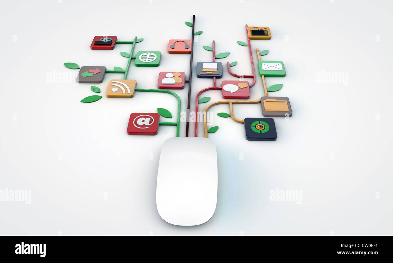 computer mouse connected with web icons isolated on white background ...