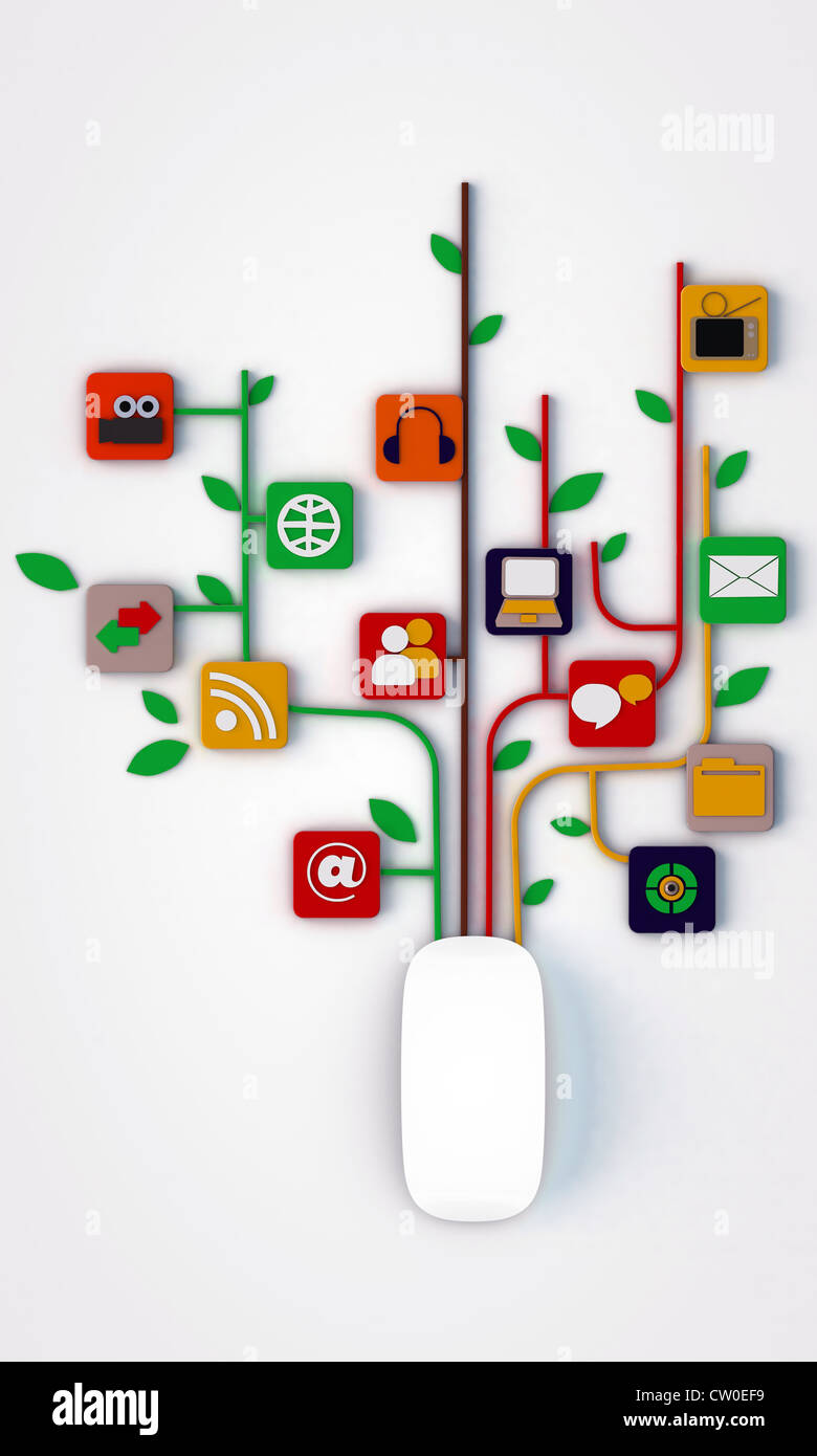 computer mouse connected with web icons isolated on white background ...