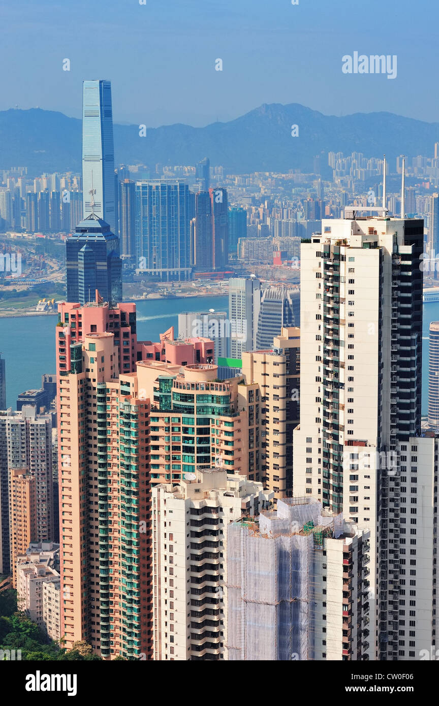 Hong Kong aerial view panorama with urban skyscrapers and sea Stock ...