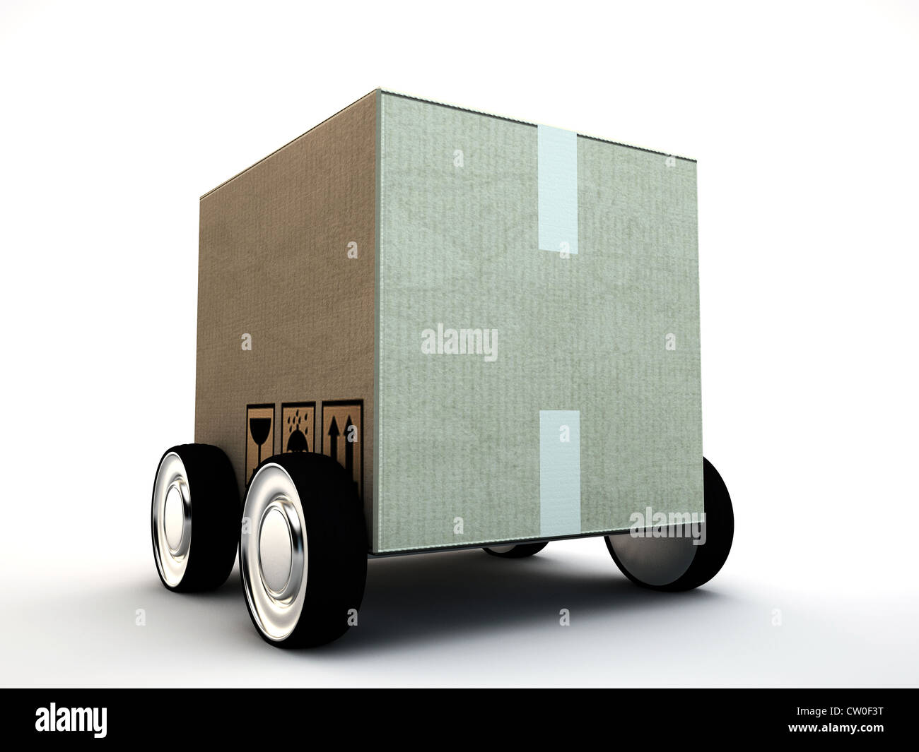 cardboard box with wheels isolated on white background Stock Photo - Alamy