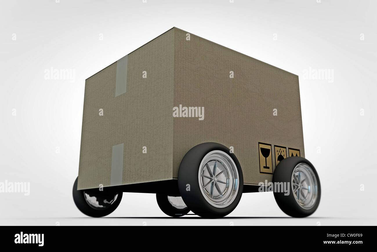 cardboard on wheels isolated on white background Stock Photo - Alamy