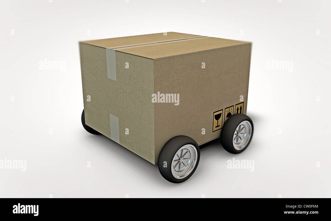 cardboard on wheels isolated on white background Stock Photo - Alamy