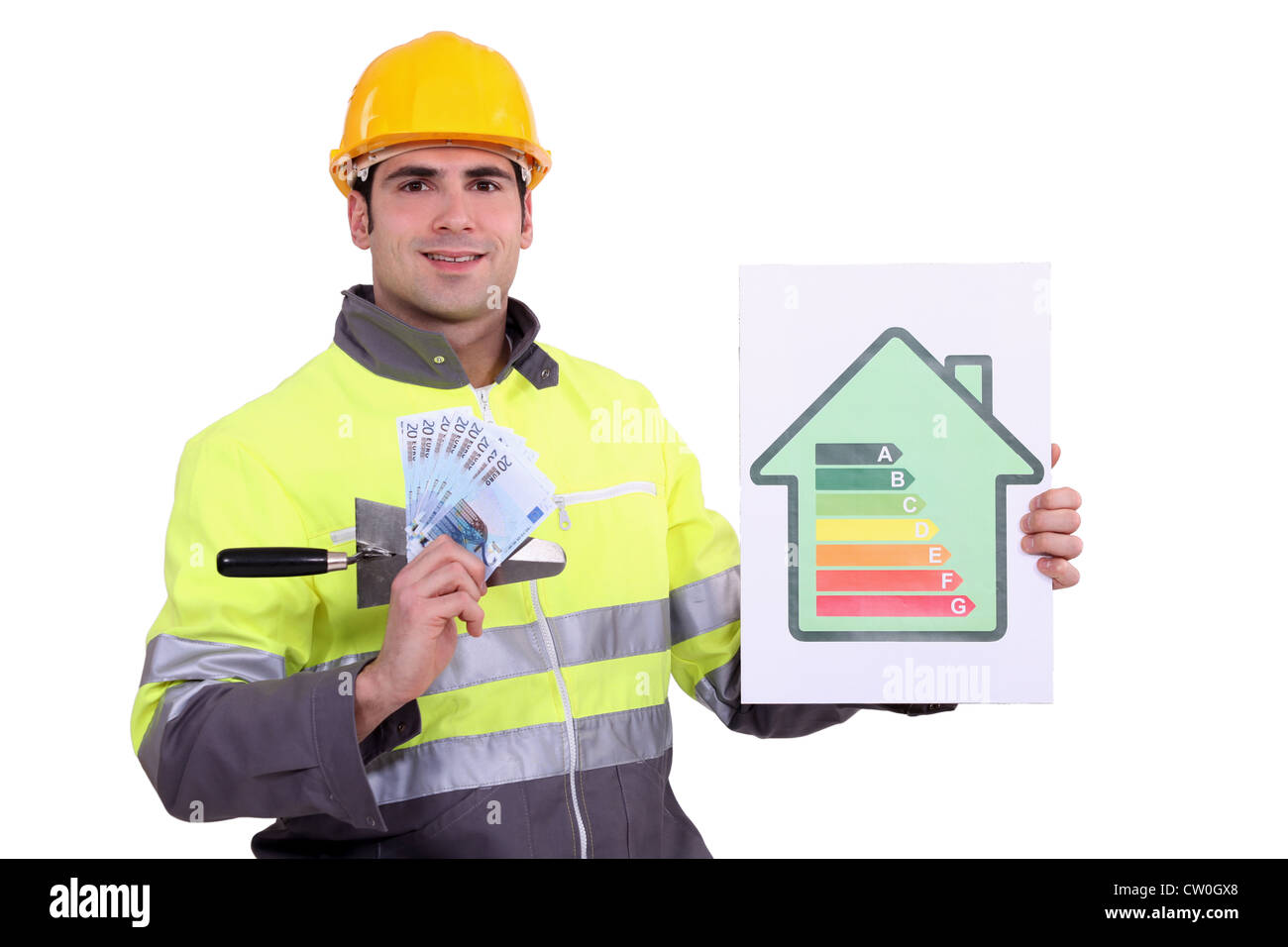 Manual worker showing benefits of energy efficiency Stock Photo - Alamy