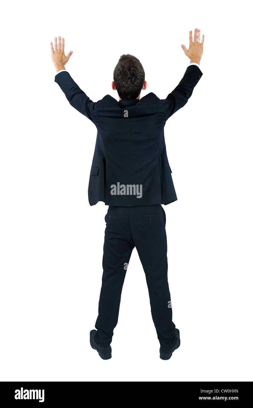 Isolated young business man hands up Stock Photo - Alamy