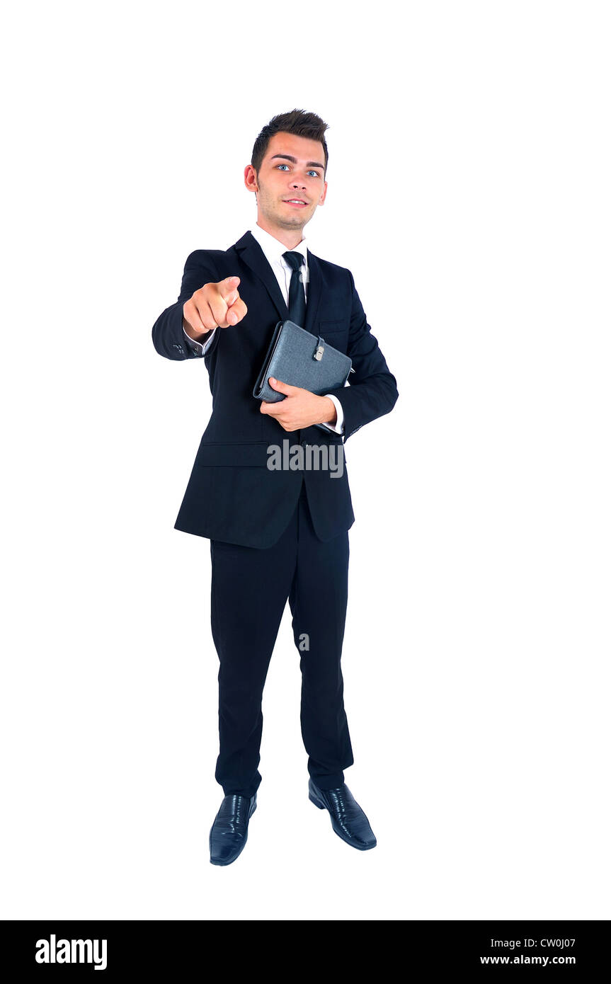Isolated young business man pointing Stock Photo - Alamy