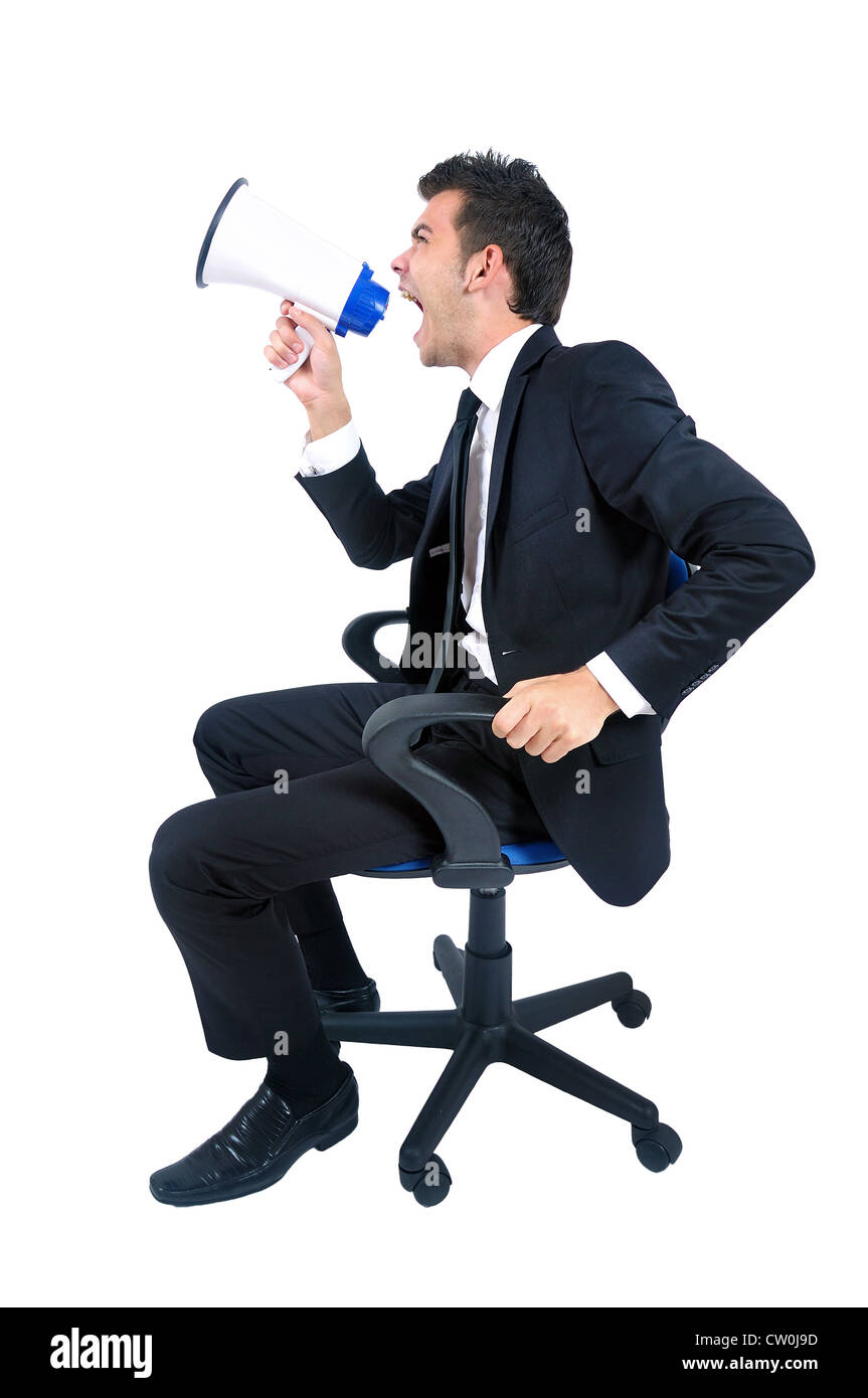 Isolated young business man with loudspeaker Stock Photo - Alamy