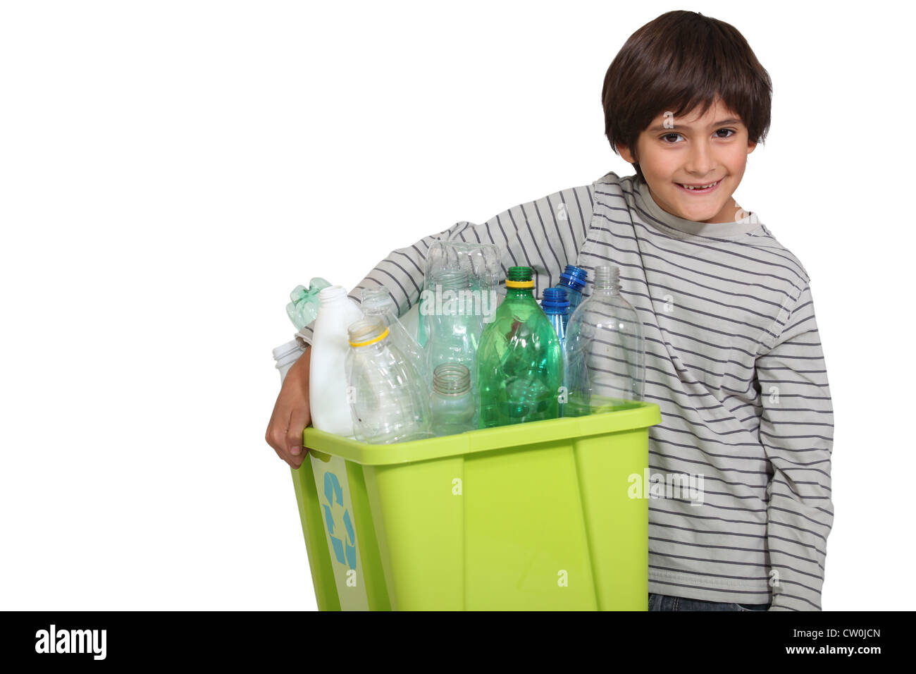child all smiles holding recycling bin Stock Photo - Alamy