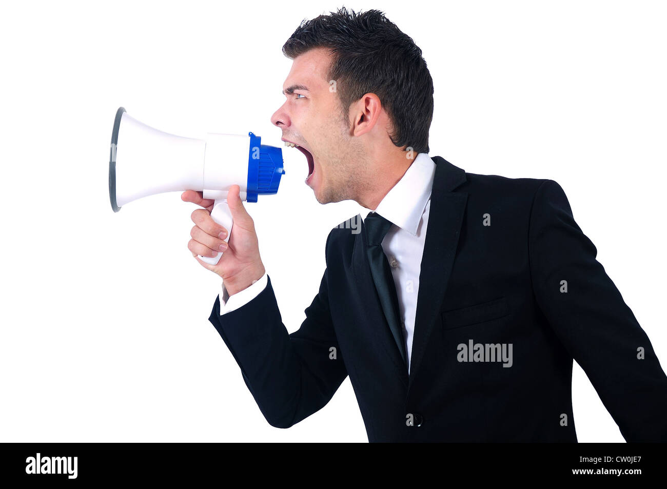Isolated young business man with loudspeaker Stock Photo - Alamy