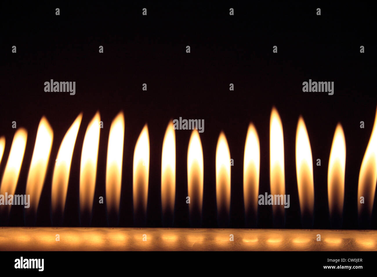 Methane gas burning bright yellow/orange in a line of single flames ...