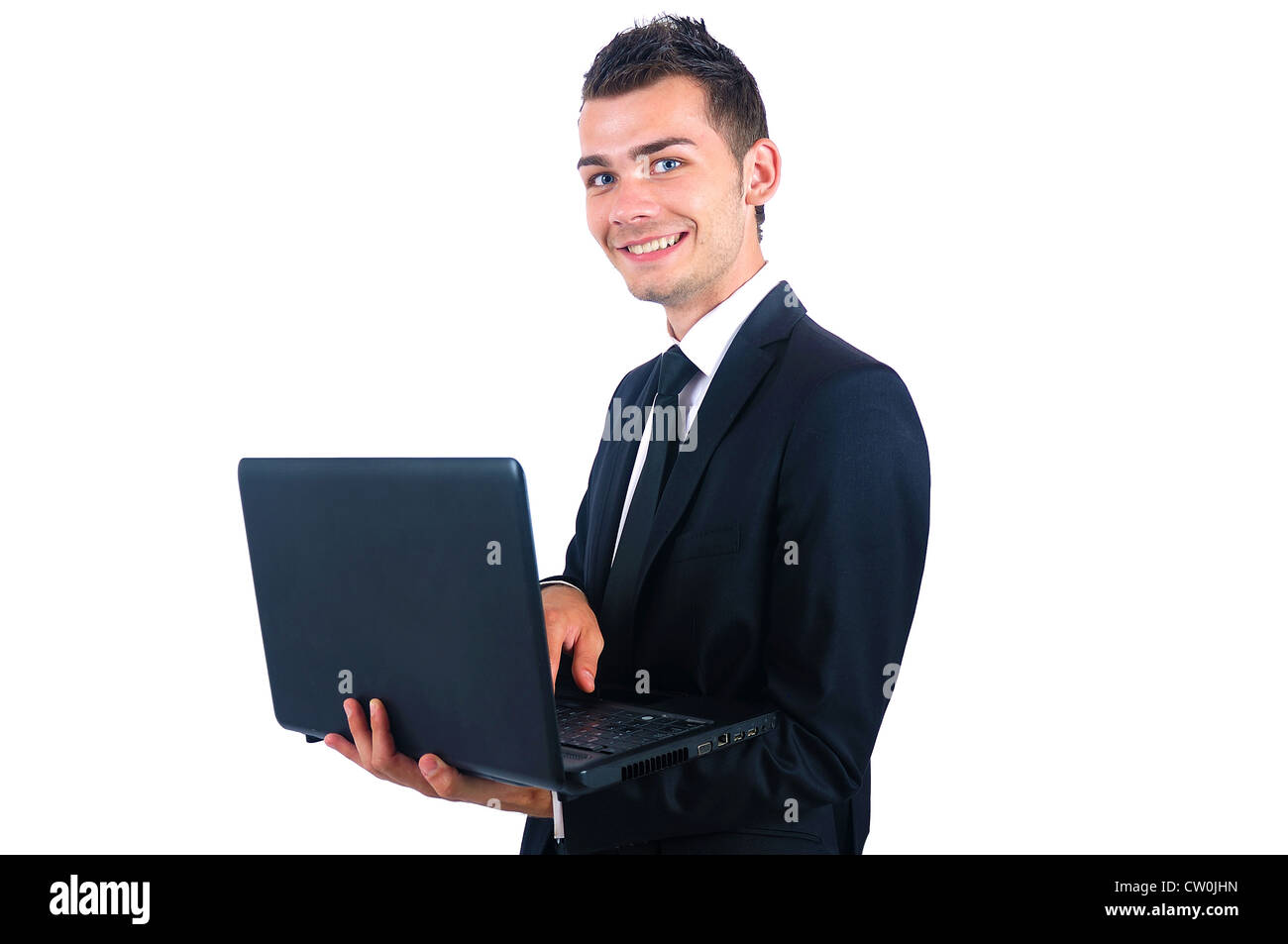 Isolated business man with laptop Stock Photo - Alamy