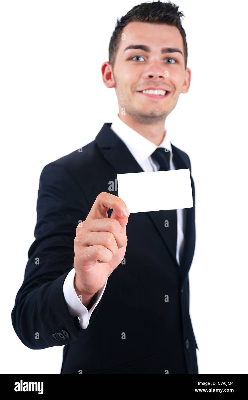 Isolated young business man presenting card Stock Photo - Alamy