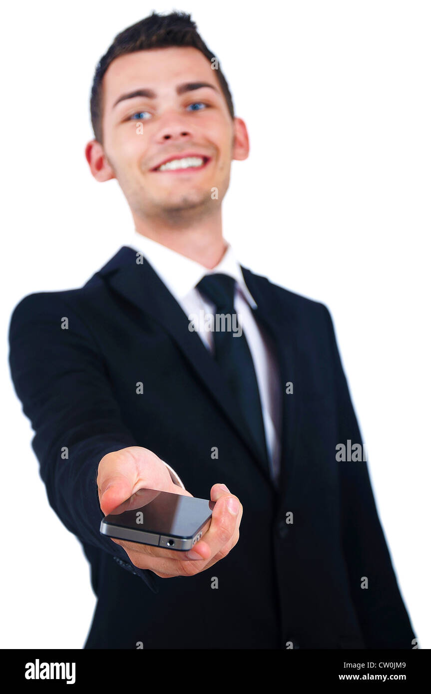 Isolated young business man giving phone Stock Photo - Alamy