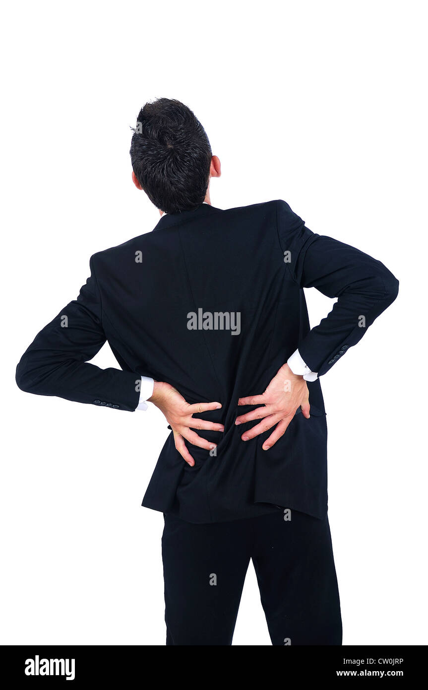 Isolated young business man backache Stock Photo - Alamy