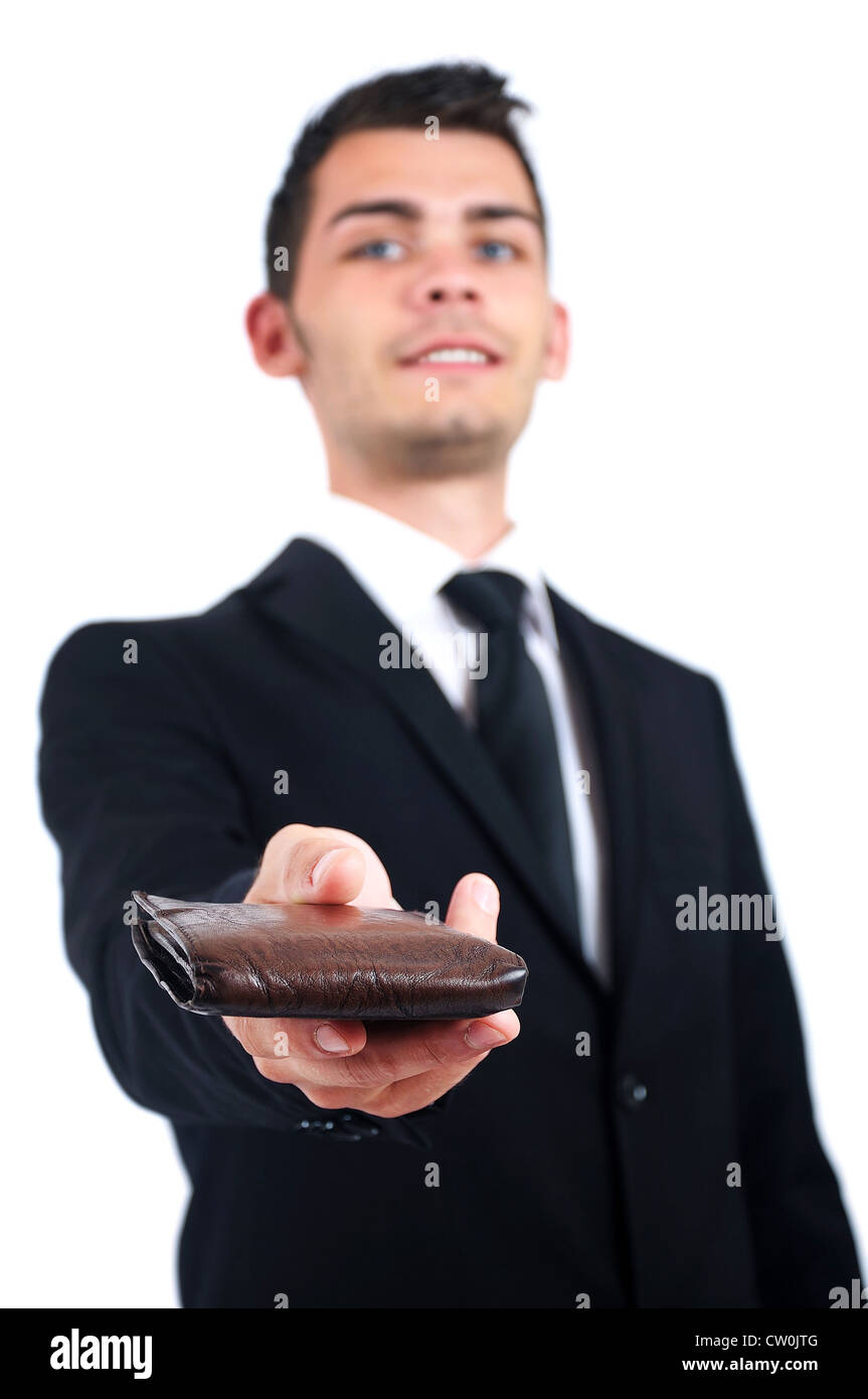 Isolated young business man giving wallet Stock Photo - Alamy