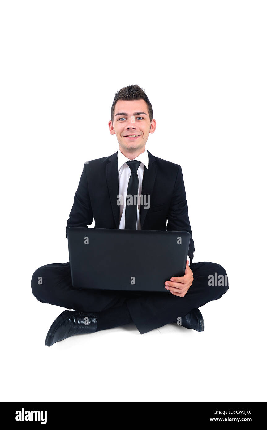 Isolated happy business man with notebook Stock Photo - Alamy