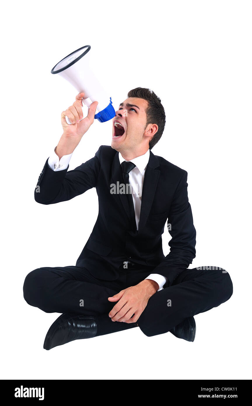 Isolated business man sitting loudspeaker Stock Photo - Alamy