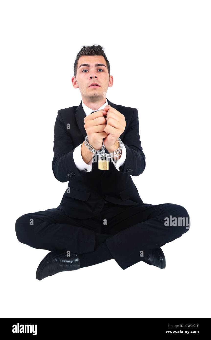 Isolated business man locked with chain Stock Photo - Alamy