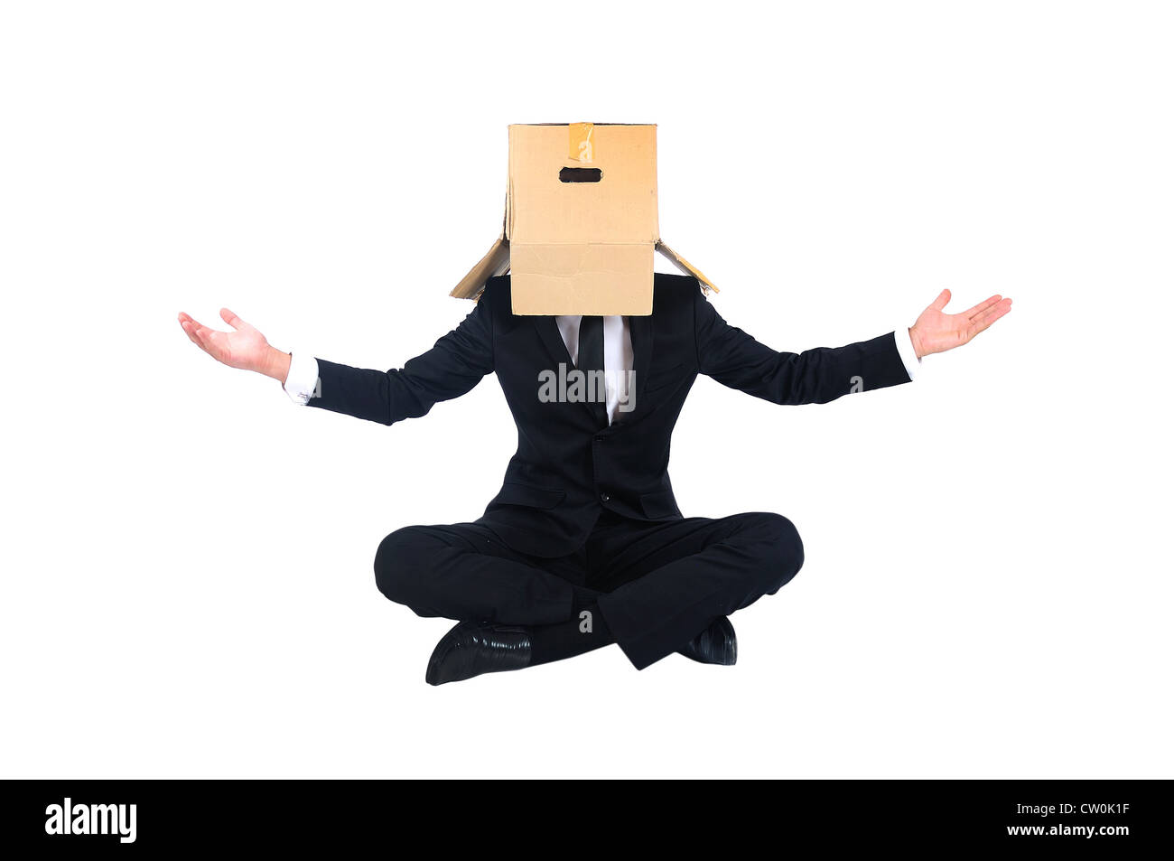 Isolated business man with box on head Stock Photo - Alamy