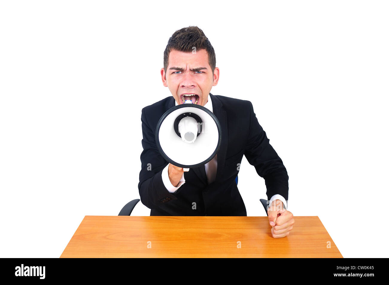 Isolated business man screaming with loudspeaker Stock Photo - Alamy