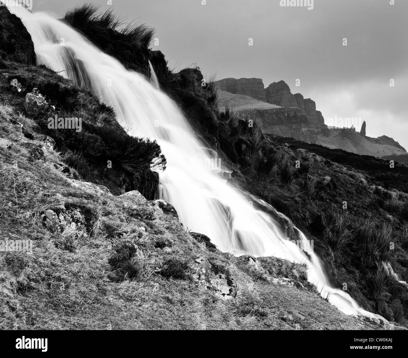 Waterfall with the Old Man of Storr in the background, Isle of Skye ...