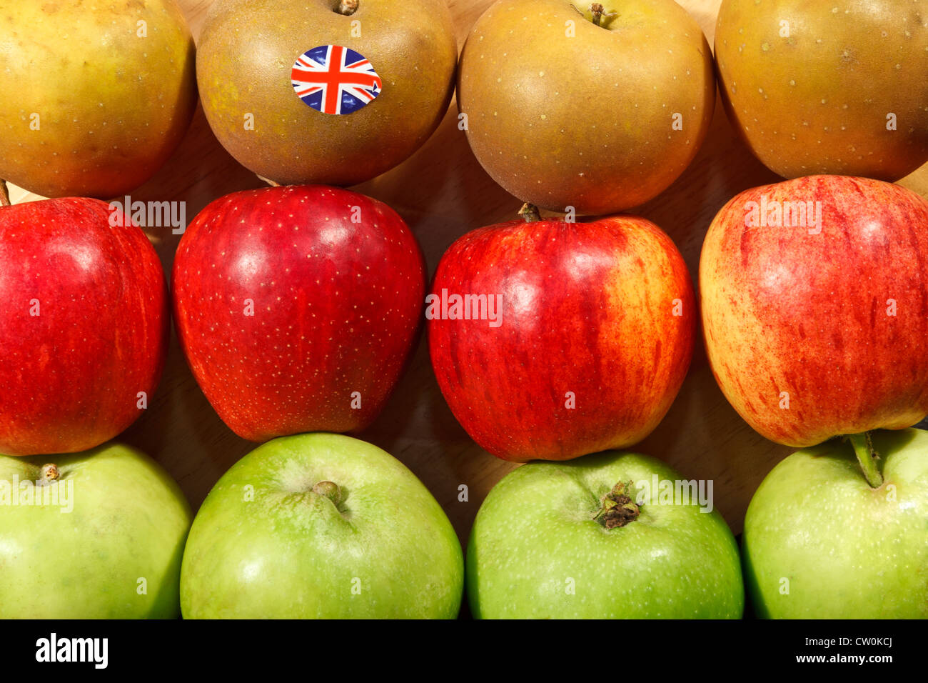 Three different types of apple grown in the UK with Union Flag sticker ...