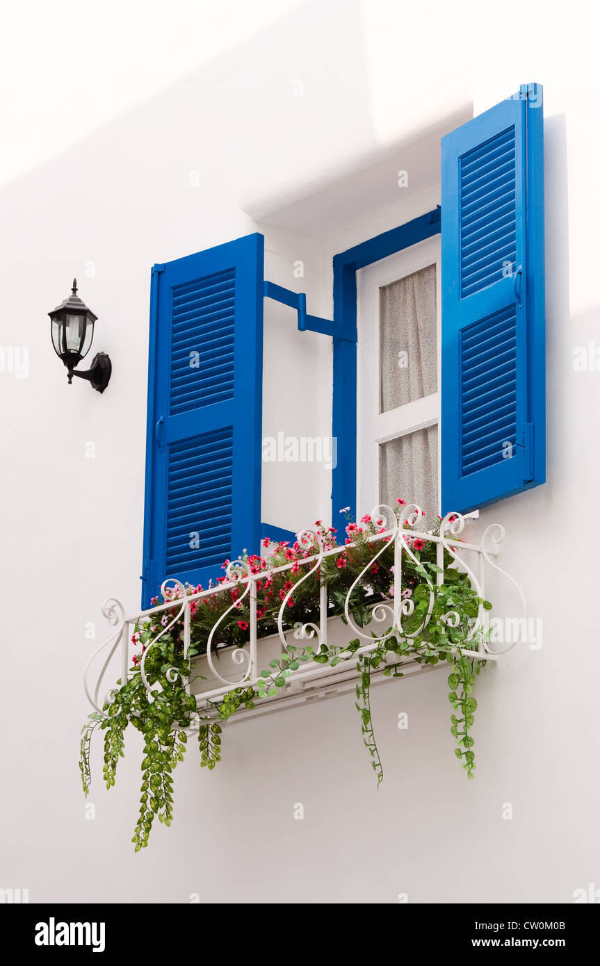 blue vintage windows in Greek Style Stock Photo - Alamy