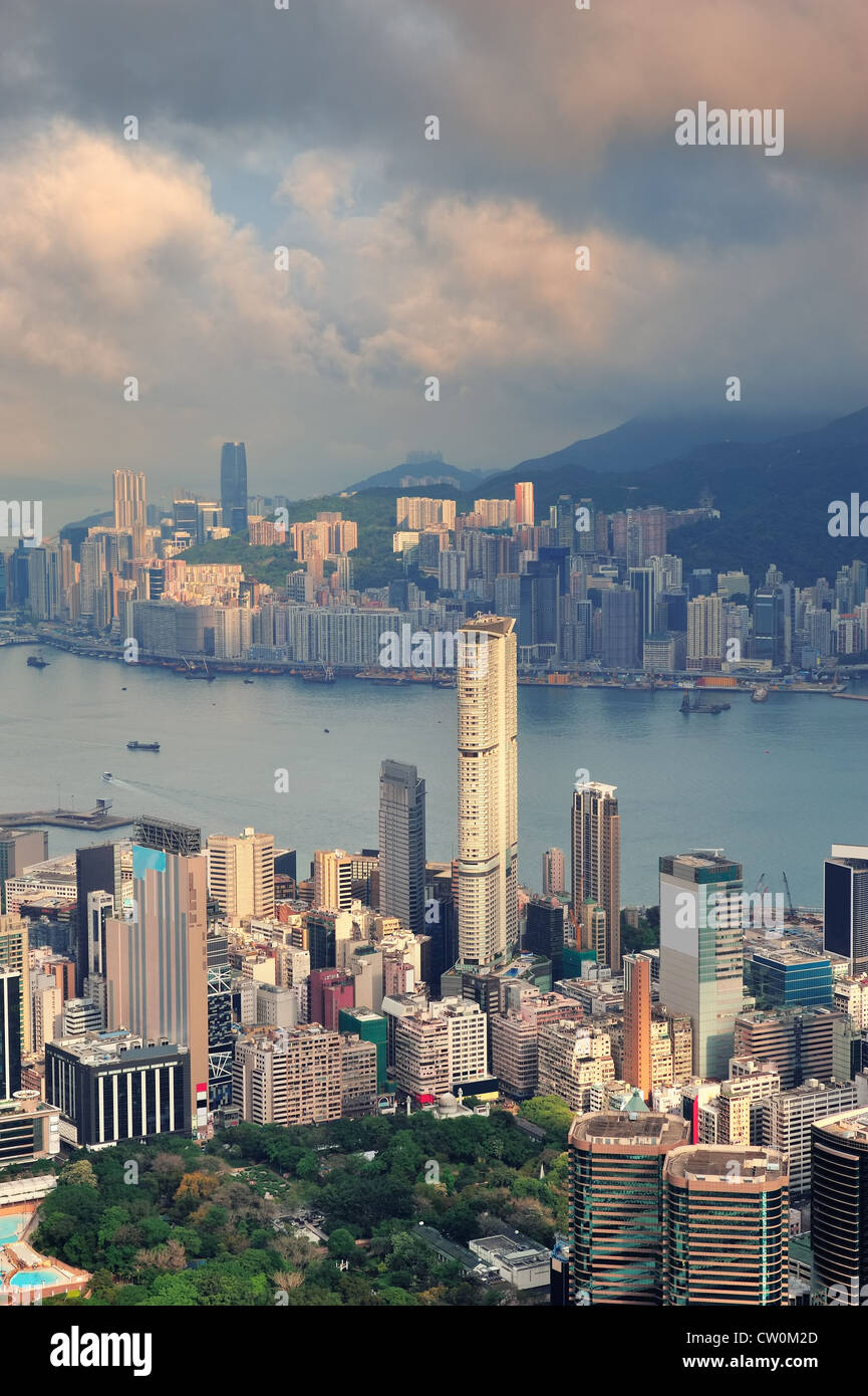 Victoria Harbor aerial view and skyline in Hong Kong with urban ...