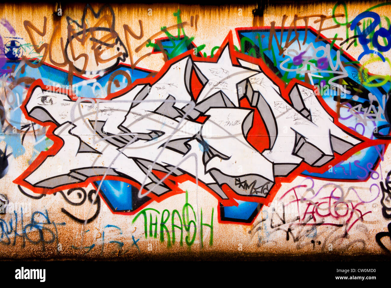 Worn out graffiti on rusty metal industrial wall Stock Photo - Alamy