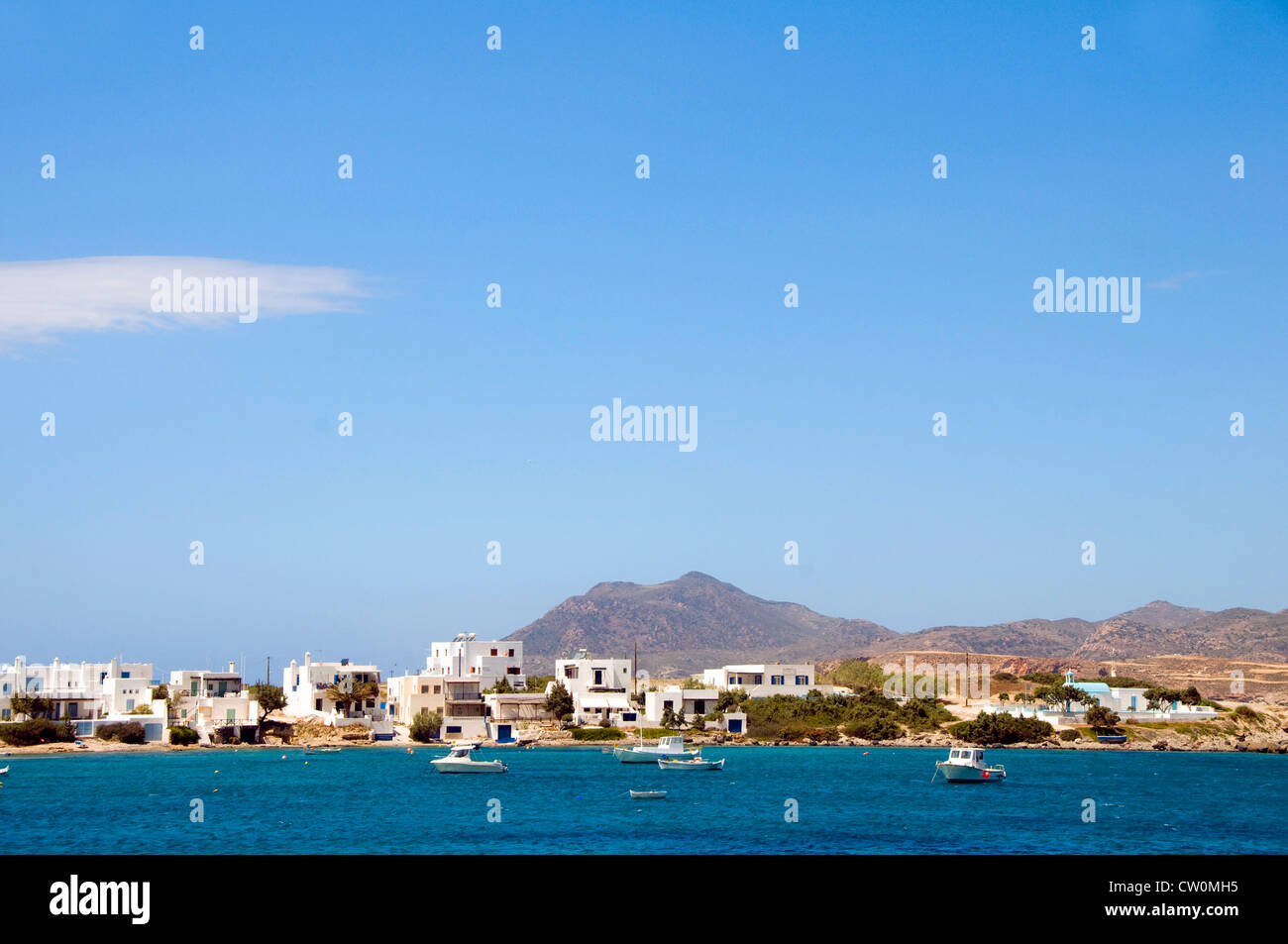 panoramic harbor with boats cyclades architecture Pollonia Milos Greek ...