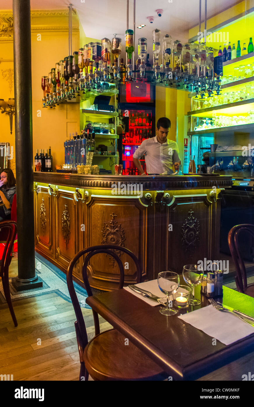 Paris, France, Bar Man Preparing Drinks at Bar in Paris Café, Bistro ...