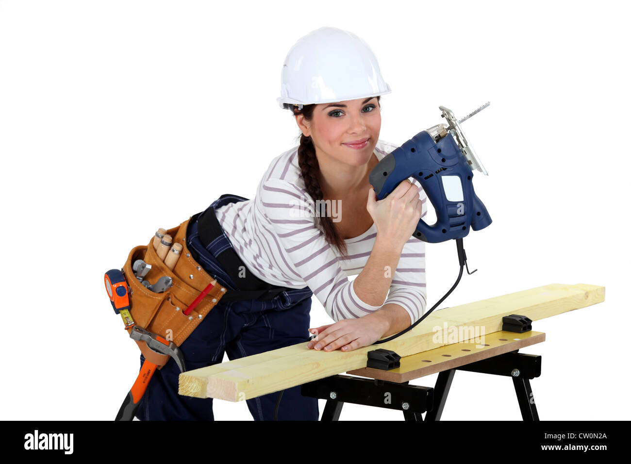 female woodworker smiling Stock Photo - Alamy