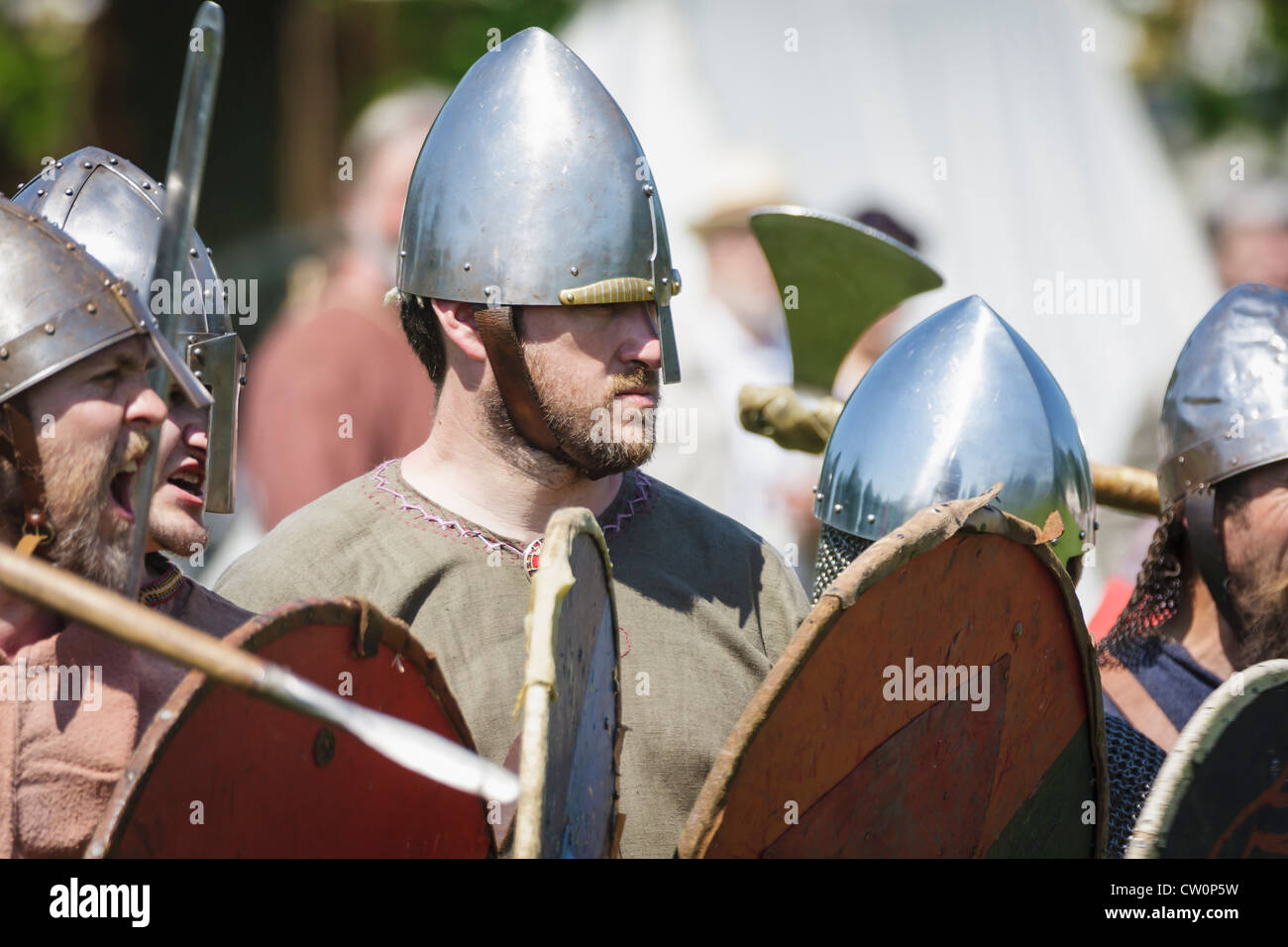 Historical reenactment of Anglo-Saxon and Viking battle. St Albans, UK ...
