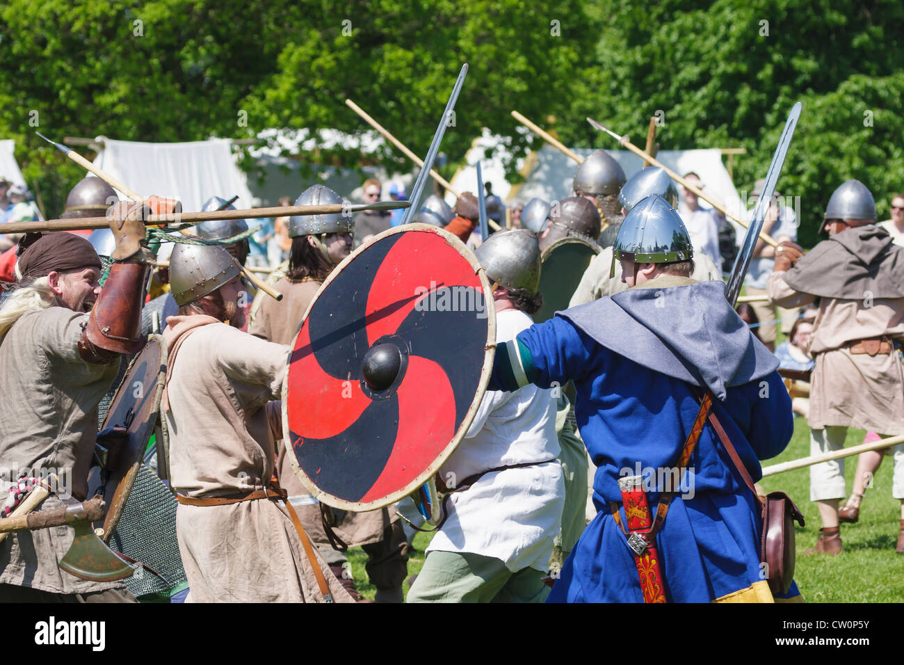 Historical reenactment of Anglo-Saxon and Viking battle. St Albans, UK ...