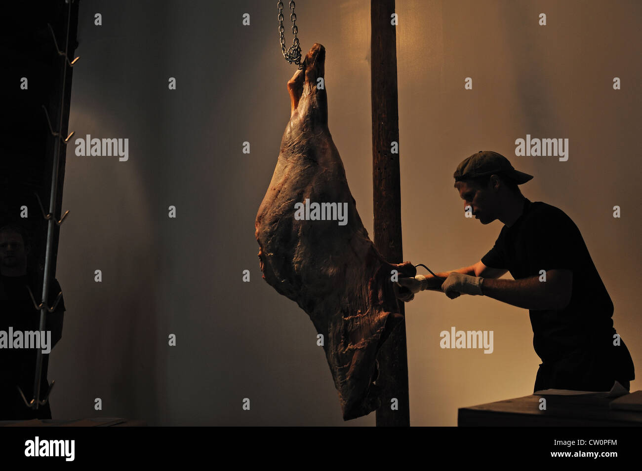 Butcher with a quarter side of beef at a butchering demonstration in ...