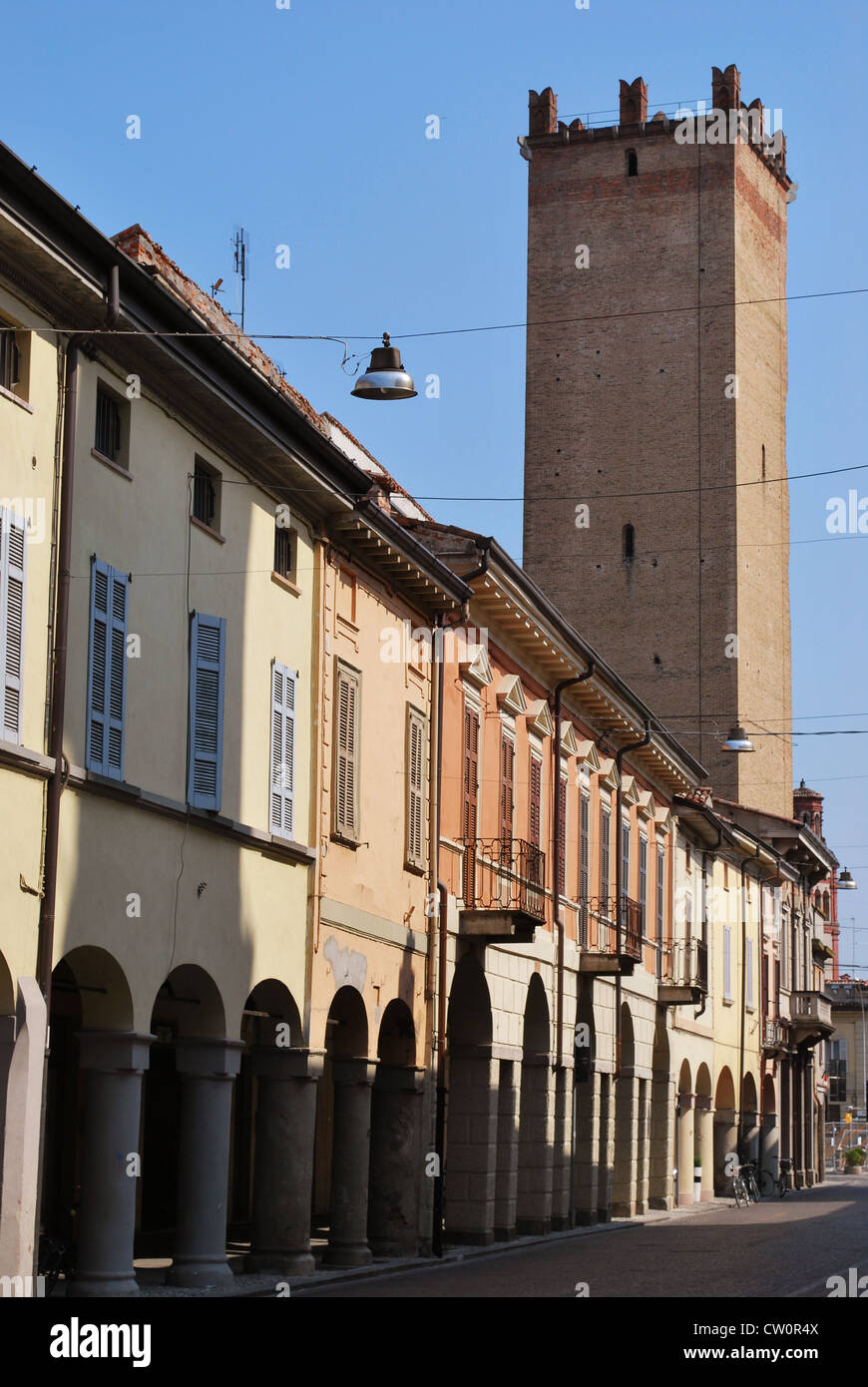 Castelleone village with arcade and medieval tower, Cremona, Italy ...
