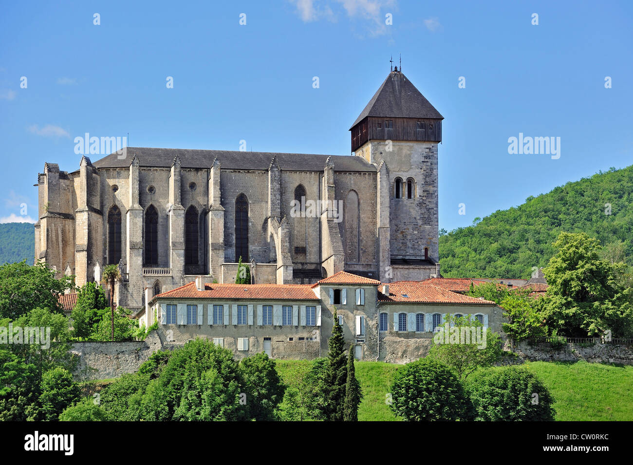 View over the village and cathedral of Saint-Bertrand-de-Comminges in ...
