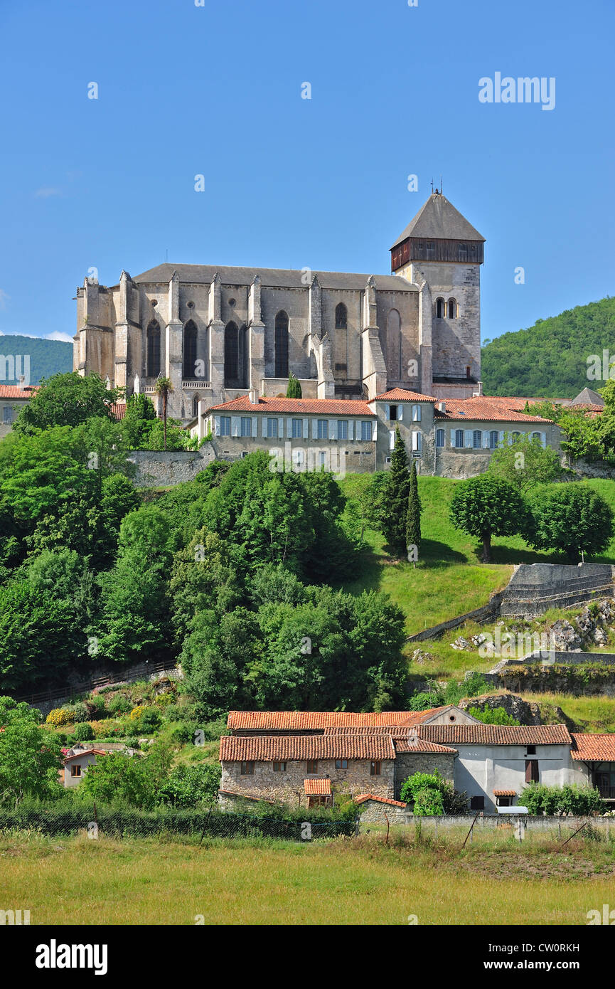 View over the village and cathedral of Saint-Bertrand-de-Comminges in ...