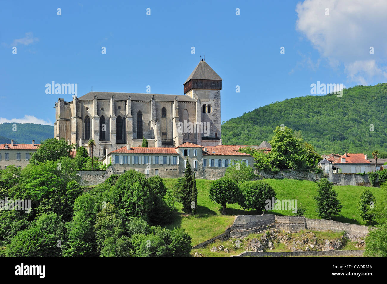 View over the village and cathedral of Saint-Bertrand-de-Comminges in ...