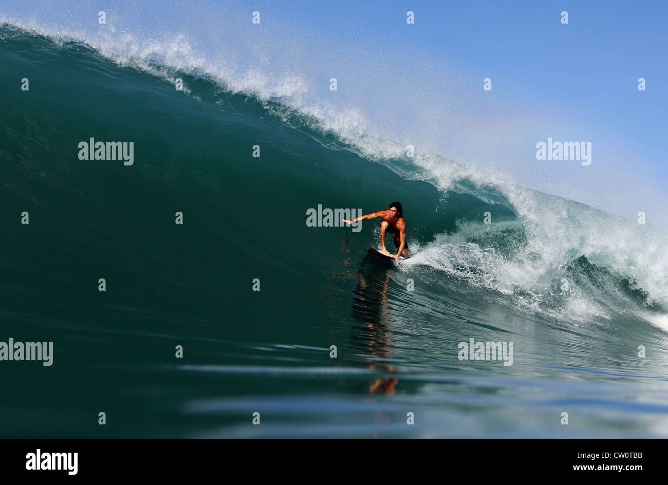 Surfer surfing a big wave at Lagundri Bay on Nias Island, North Sumatra ...