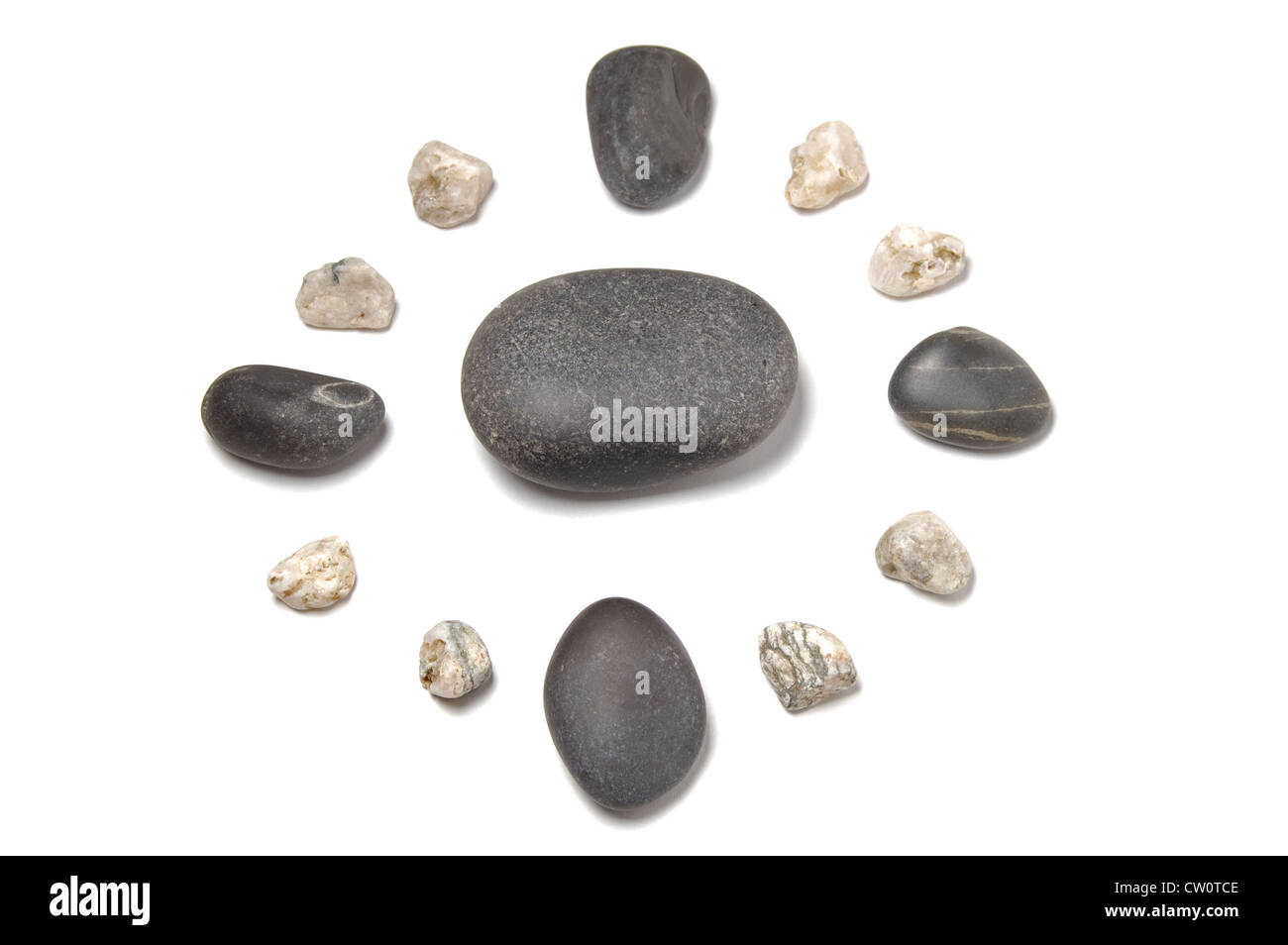 Circle of basalt and and limestone pebbles with a large stone in the ...