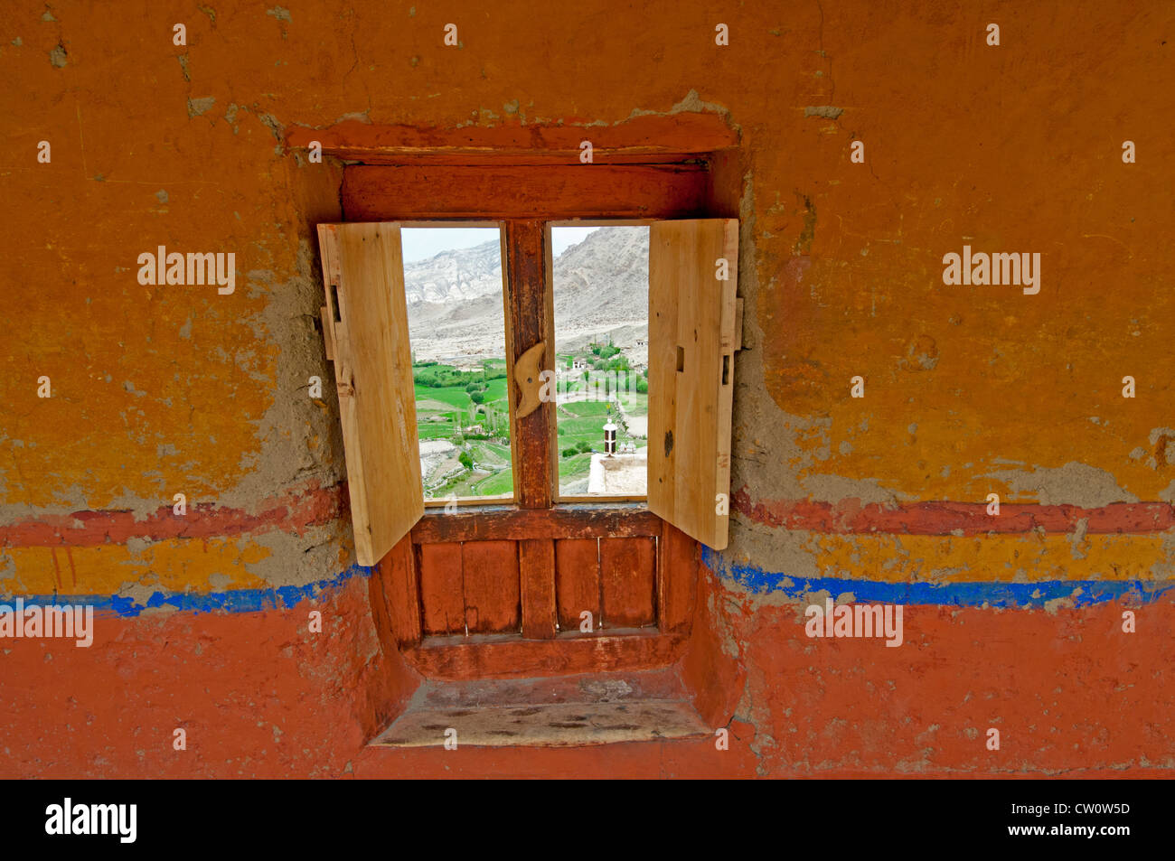 A small wood-framed window at Likir Monastery, in the village of Likir ...