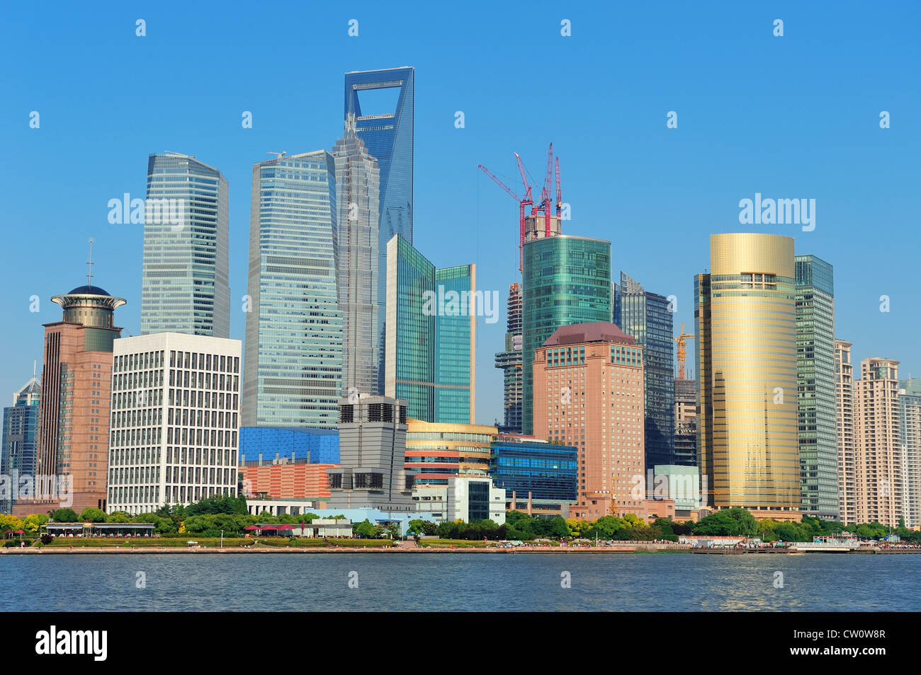 Shanghai urban skyline with blue clear sky over Huangpu River Stock ...