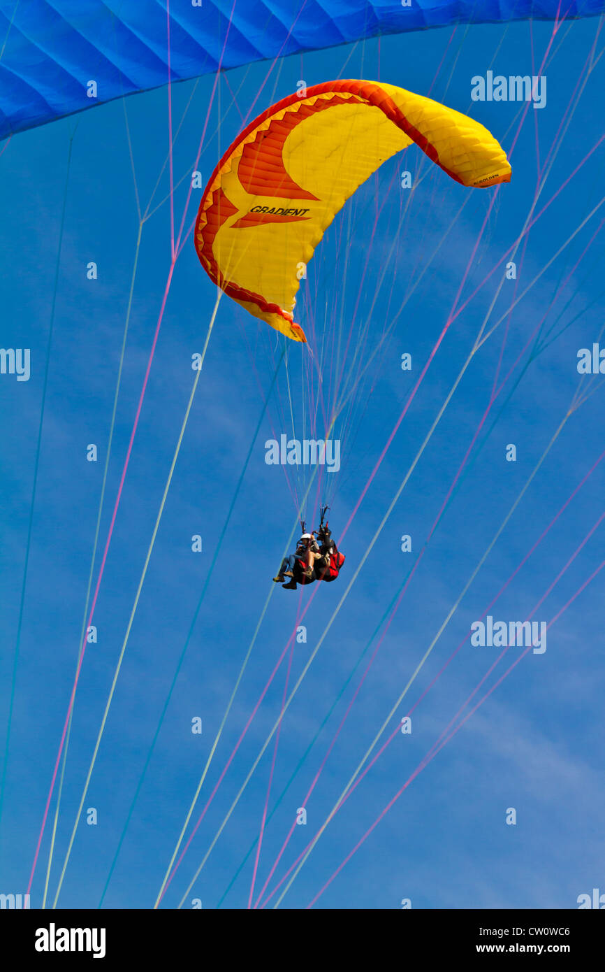 Tandem paraglider seen through the canopy of a blue paraglider in ...