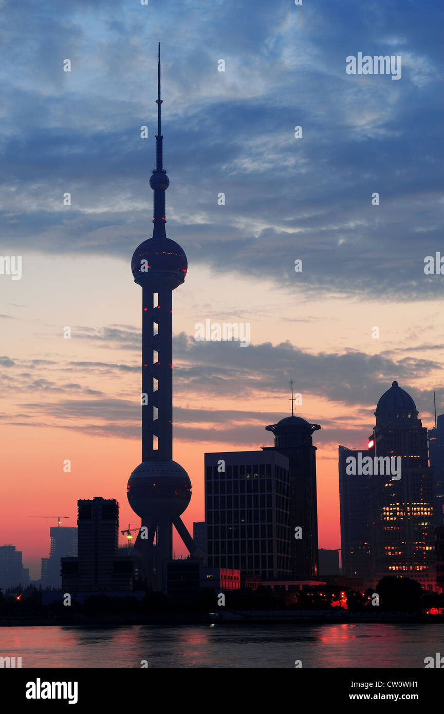 Shanghai morning silhouette before sunrise with city skyline and ...
