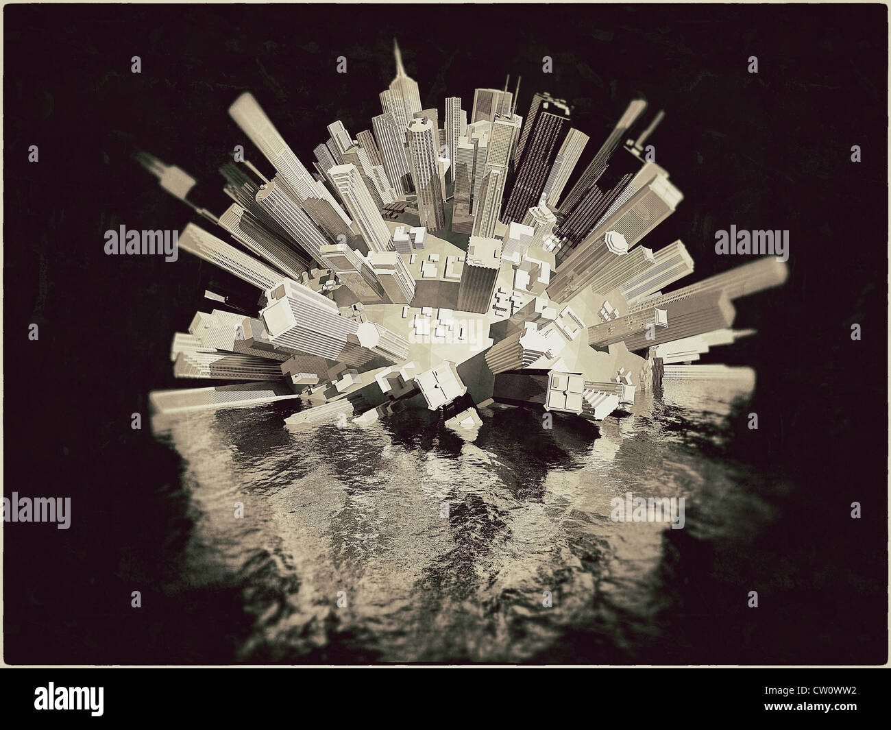 futuristic city sinking down the sea isolated on black background Stock ...