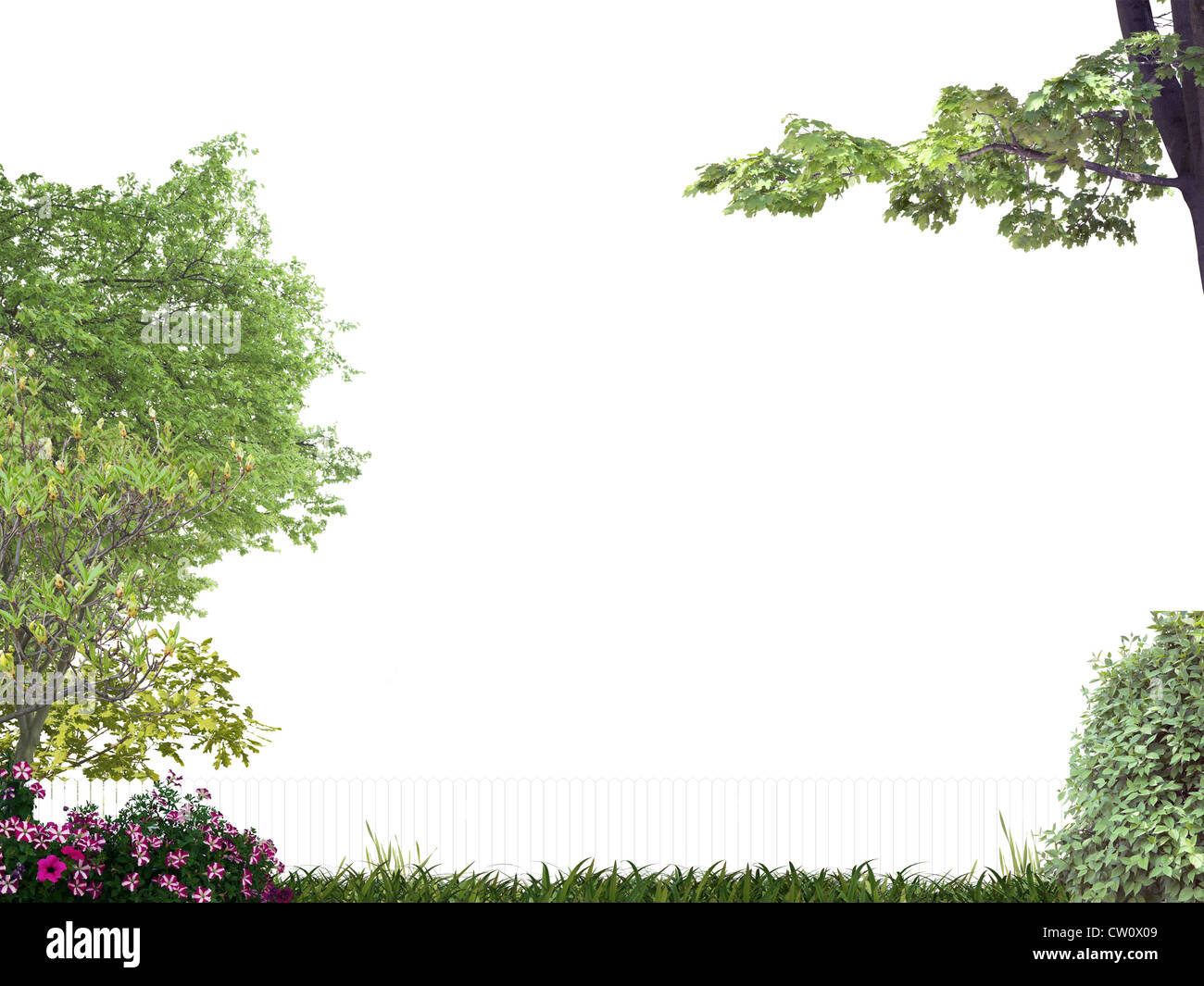 garden populated by plants and trees isolated on white background Stock ...