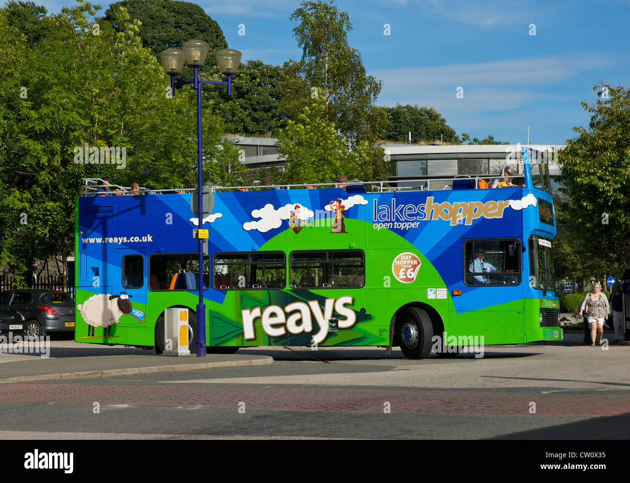 Reays open-topped Lakes Hopper bus turning at Windermere bus and rail ...