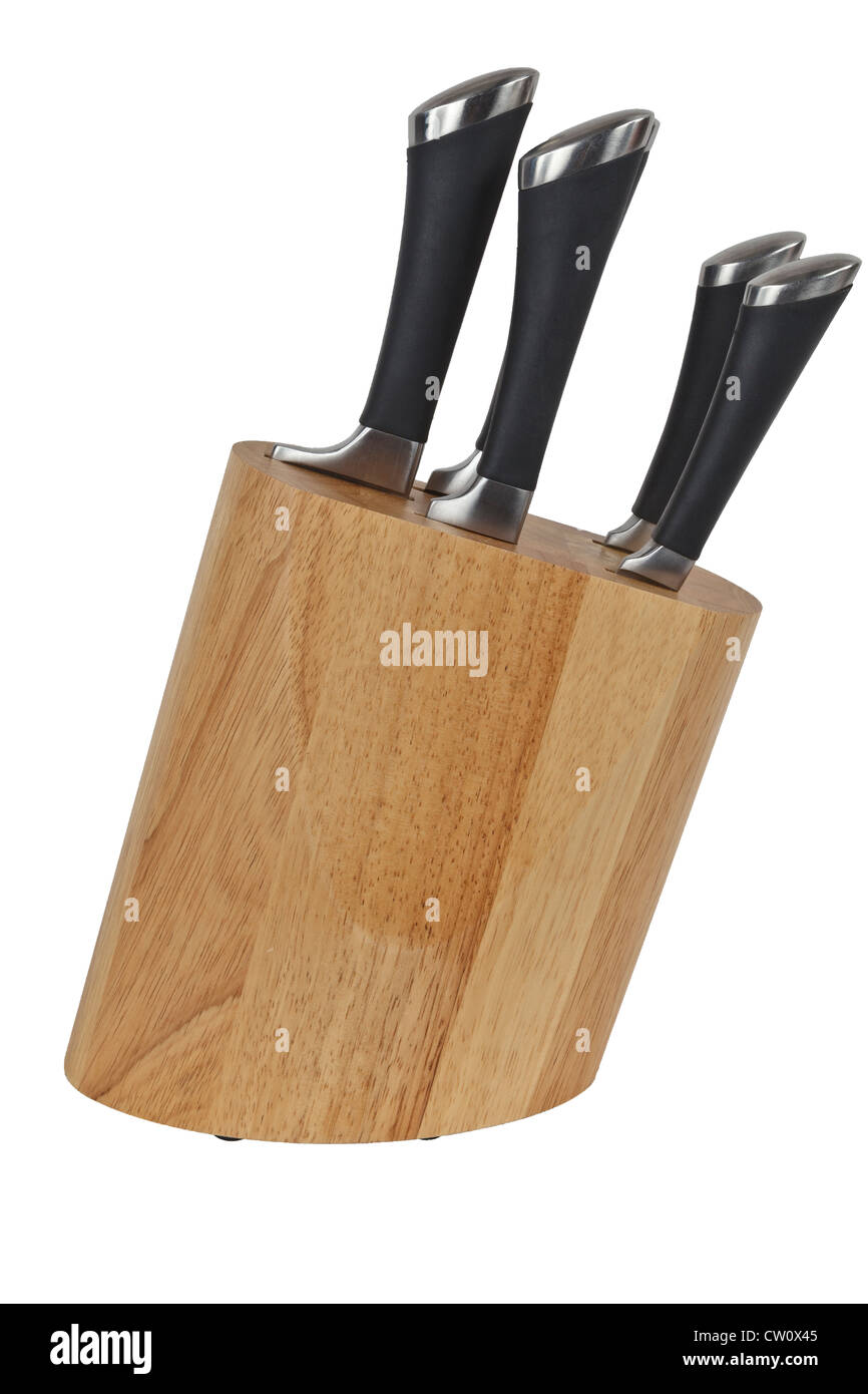 Set of kitchen knives in wooden block isolated on white with work path ...