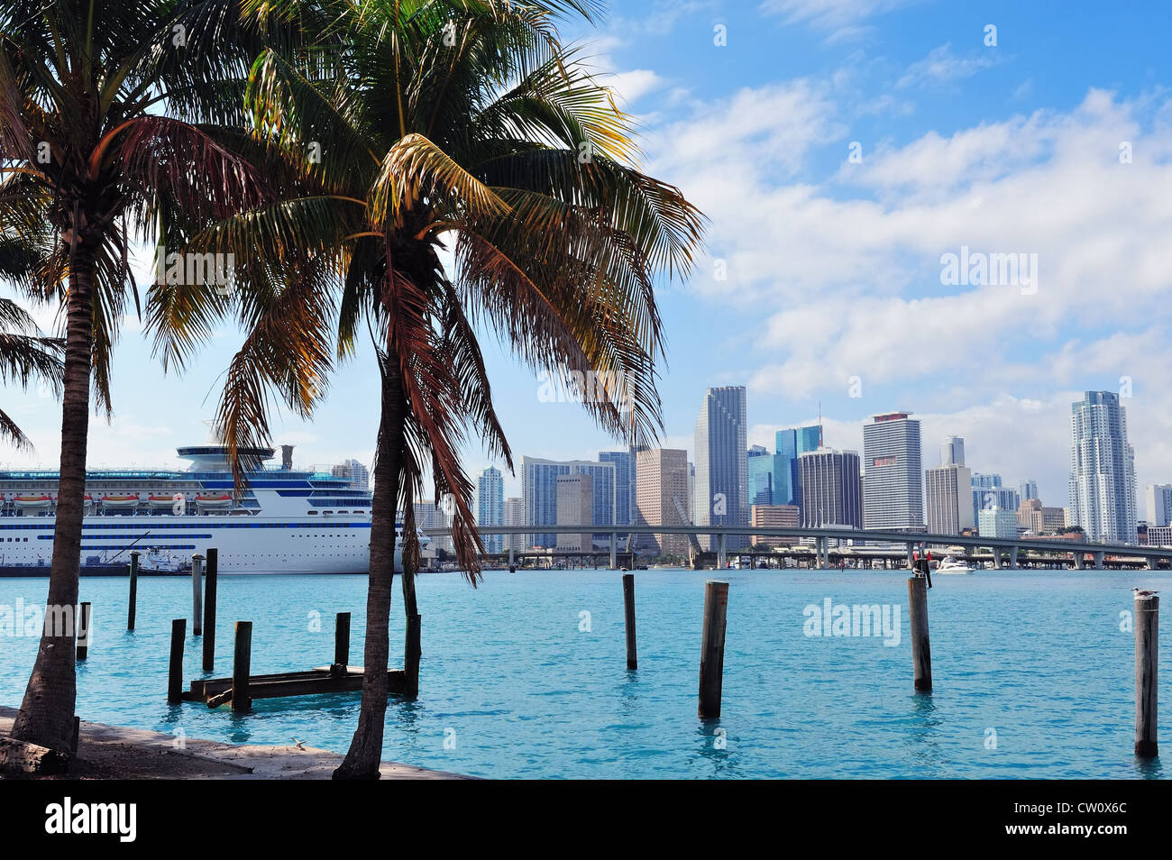 Miami city tropical view over sea from dock in the day with blue sky ...
