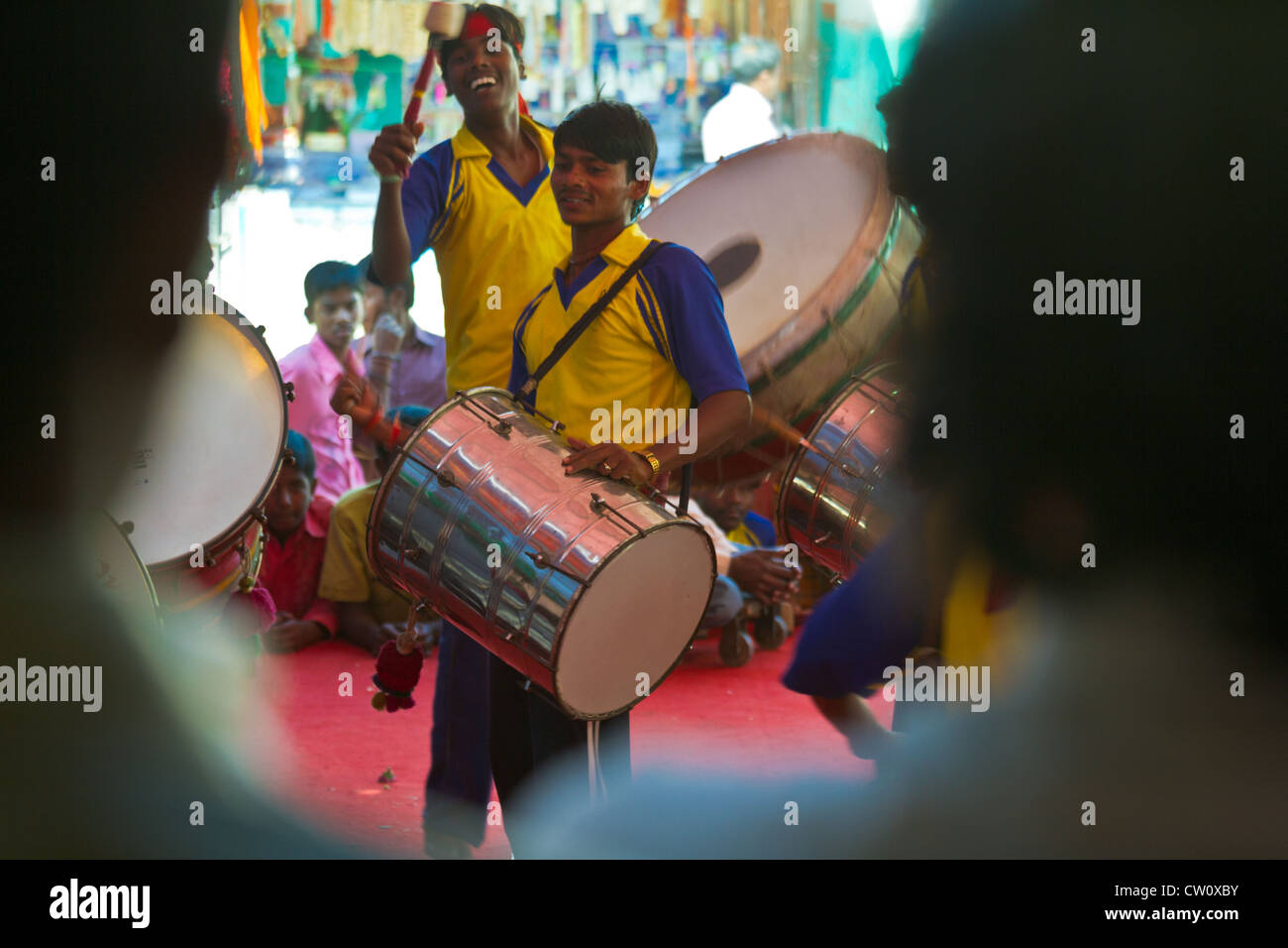 Drum troupe performs in Virupaksha Temple in Hampi Bazaar Stock Photo ...